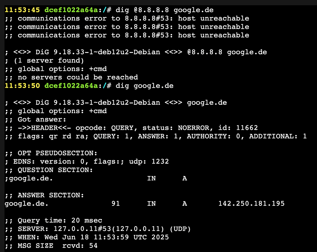 "host unreachable" error if dig from inside a Docker container and use an external DNS - Apps ...
