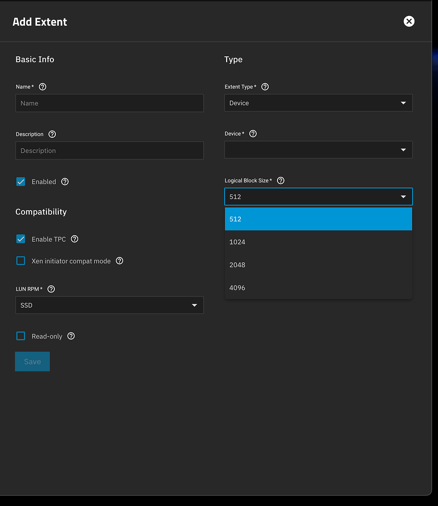 [Not Accepted] iSCSI Setup: More Options for iSCSI Extent Logical Block Size Larger than 4k ...
